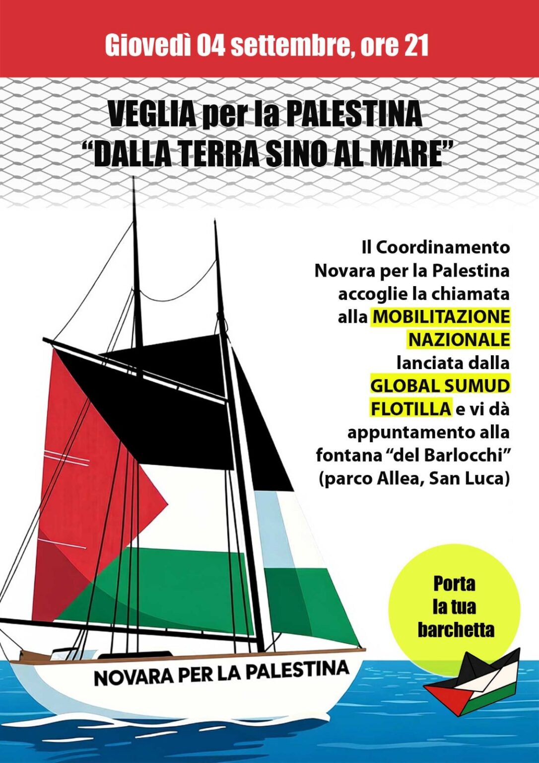 Veglia per la Global Sumud Flotilla a Novara: giovedì 4 settembre ...